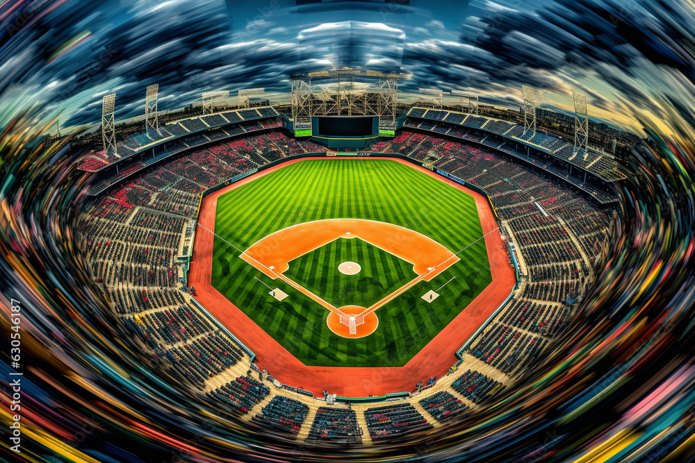 Baseball Field at Sunset Fish Eye Lens Cityscape Stadium Motion Blur ...