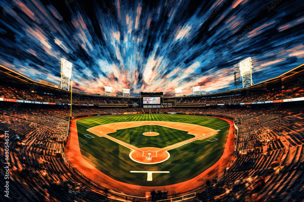 Baseball Field at Sunset Fish Eye Lens Cityscape Stadium Motion Blur ...