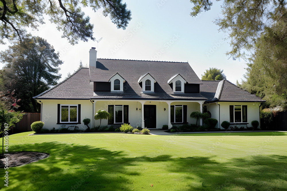 White family house with black pitched roof tiles, and beautiful front ...