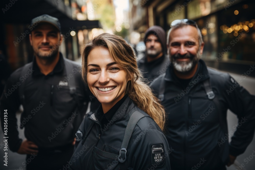 Portraits of women, men, and security guards in the city. Cross your ...