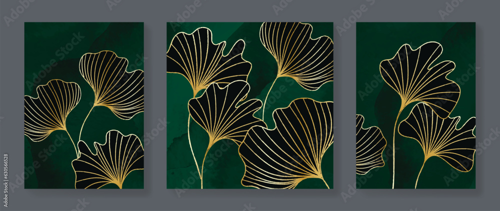 Luxury gold wall art wallpaper. Watercolor dark green background ...