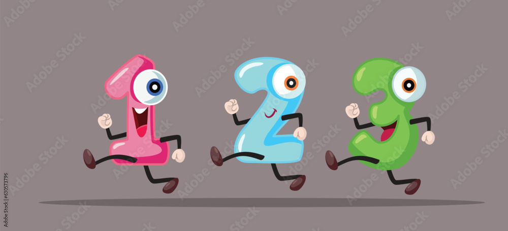 Funny Numbers Characters Running Together Vector Cartoon illustration ...