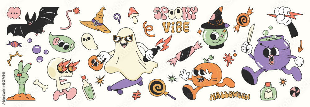 Happy Halloween day 70s groovy vector. Collection of ghost characters ...