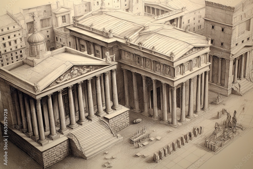 Pencil sketch drawing of Roman building architecture Stock Illustration ...