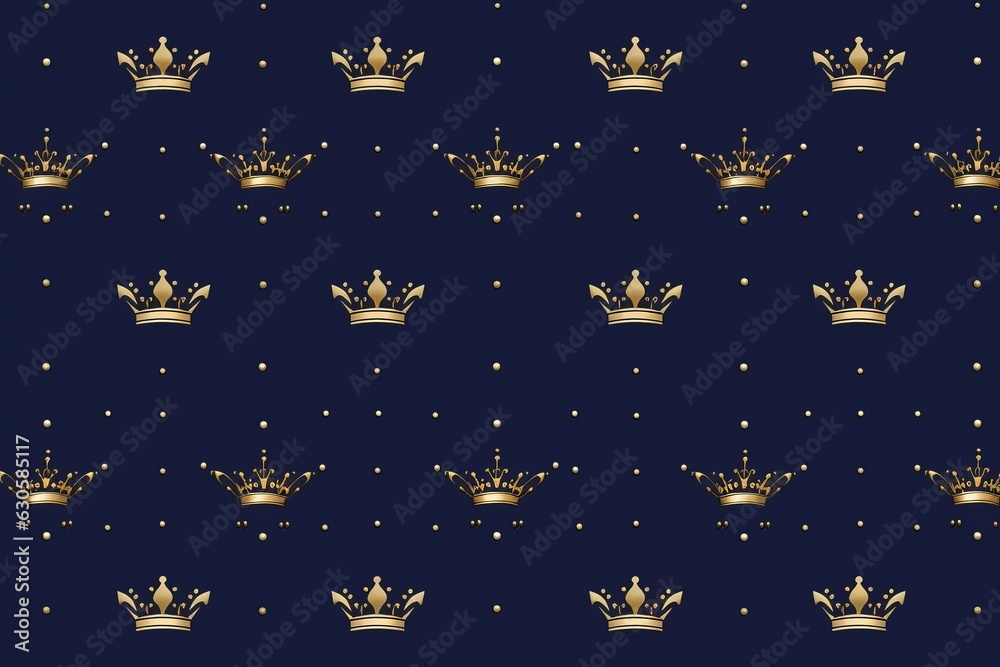 Navy blue seamless pattern in retro style with a gold crown. Can be use ...