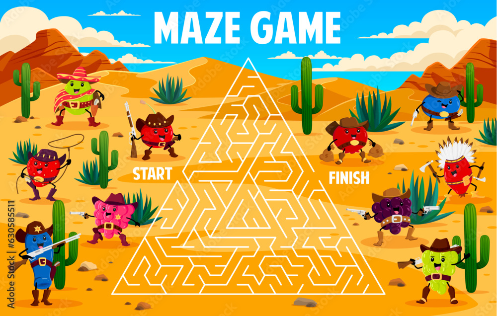 Western labyrinth maze, help to cartoon berry sheriff and ranger catch ...