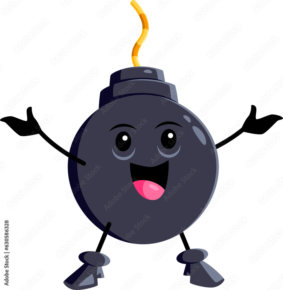 Cartoon happy bomb character, explosive weapon personage with wick or ...