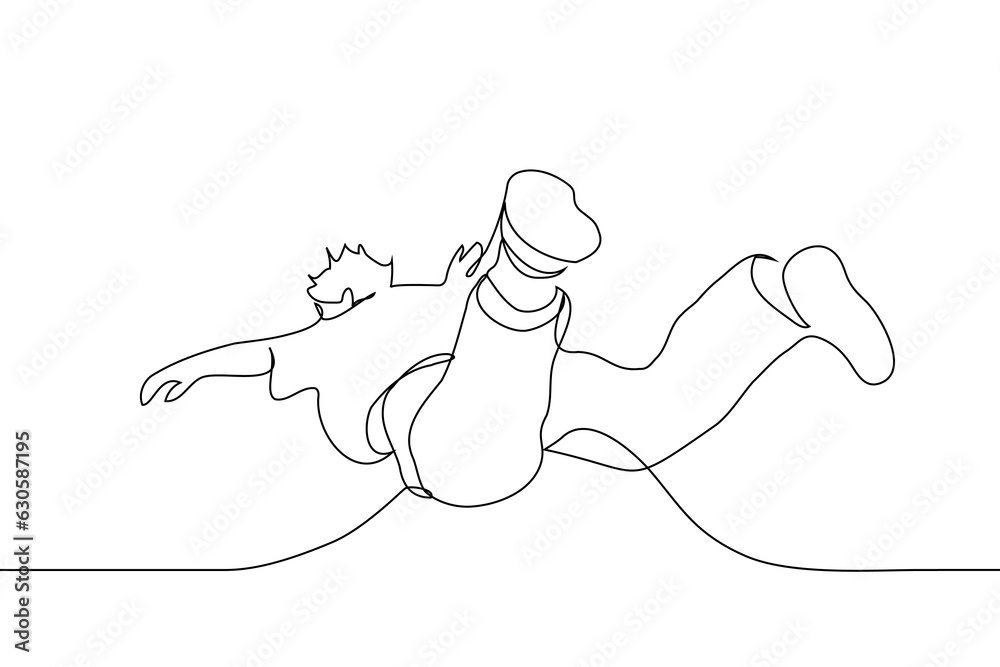 full length man flying down in free flight mode without parachute, her ...