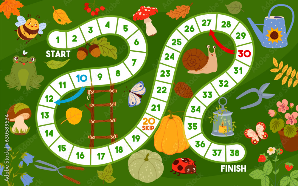 Board game with gnome items, autumn leaves and garden tools. Kids ...