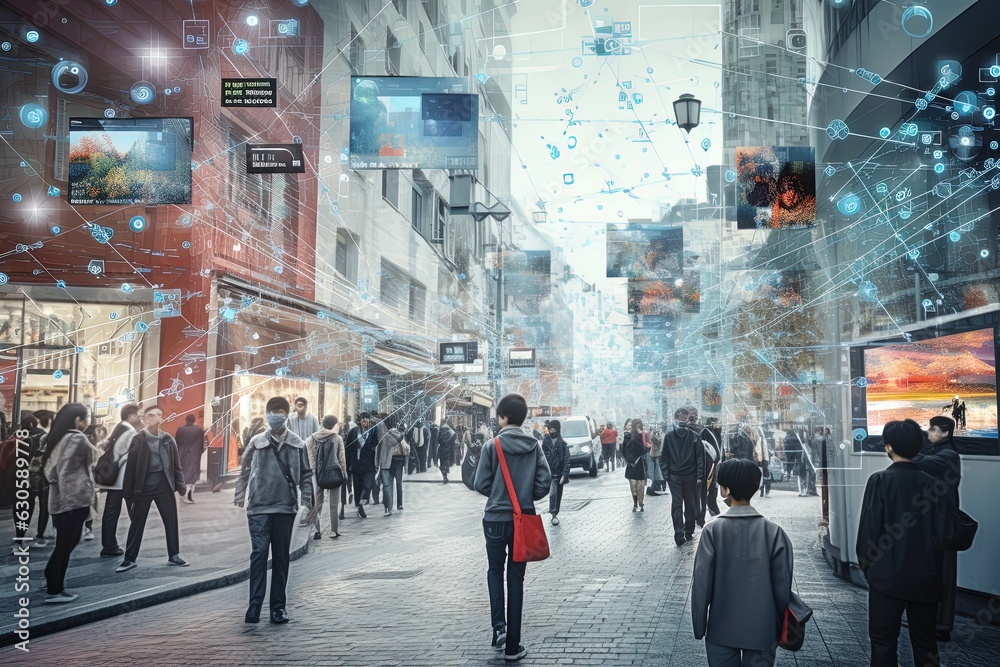 Surveillance camera of a crowd of people walking along busy city ...