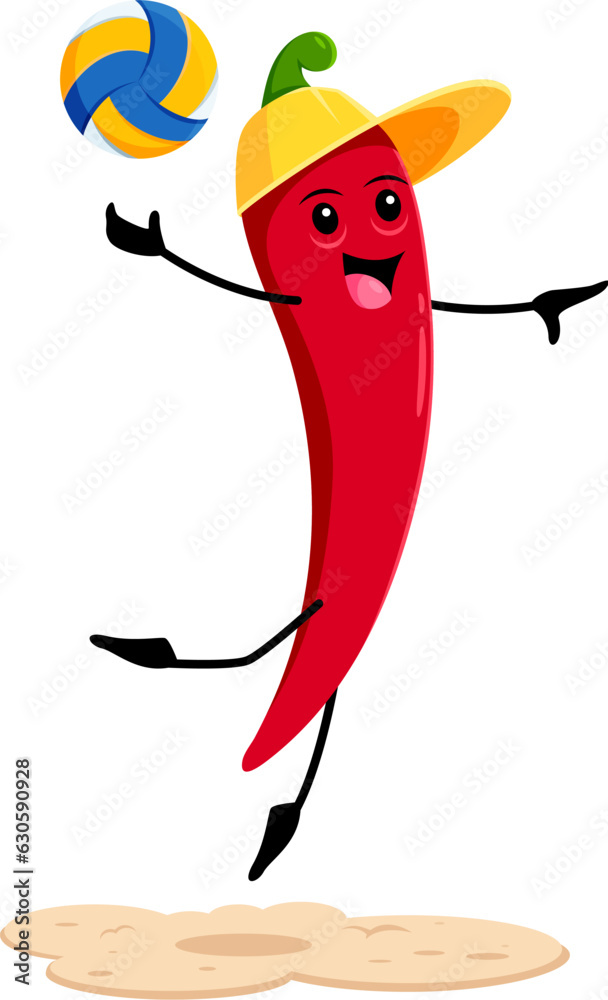 Cartoon red hot chilli pepper playing with ball on beach during summer ...