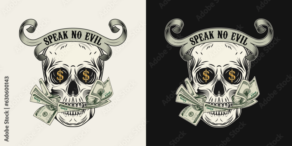 Label with skull, money, pile of 100 dollar bills, dollar sign, vintage ...