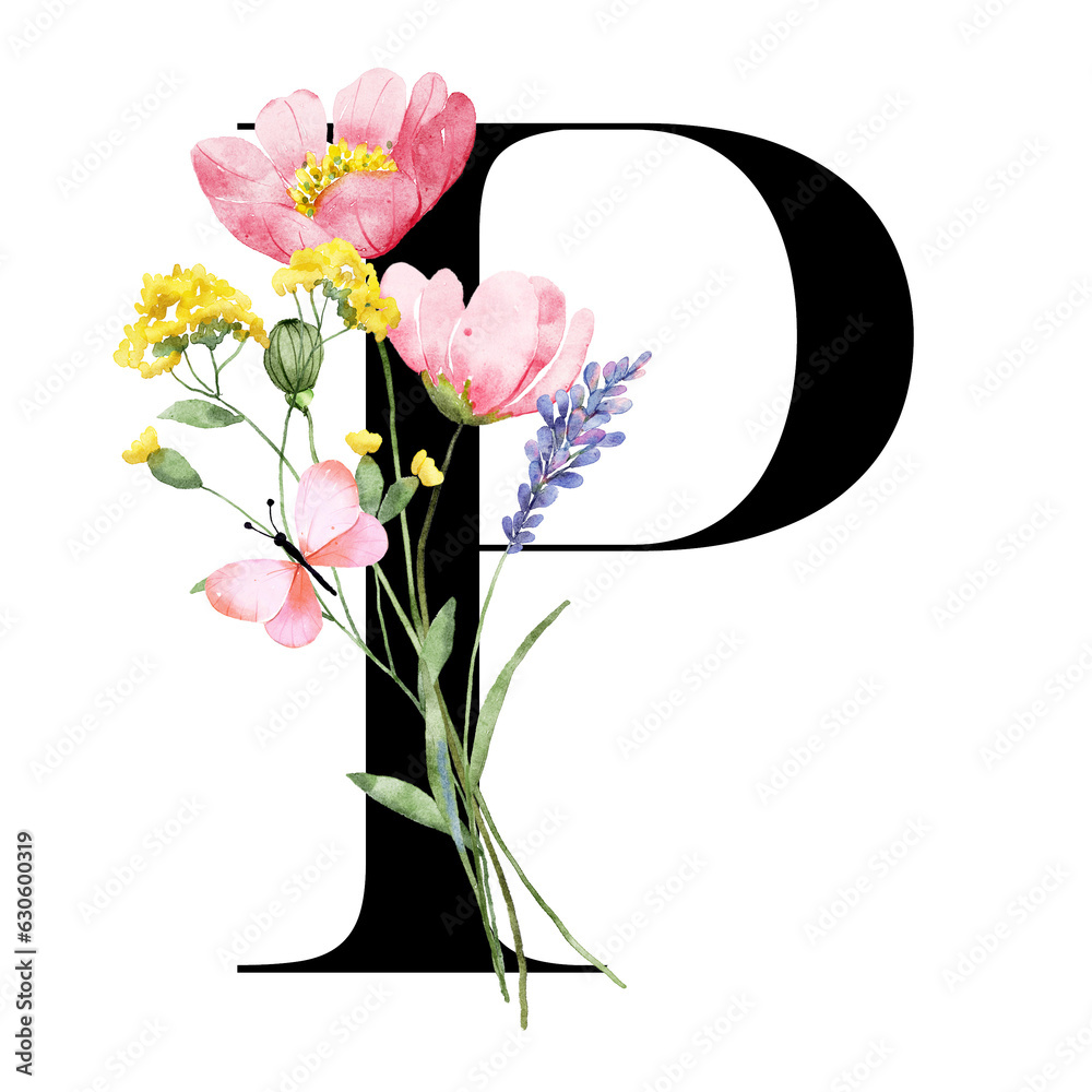 Floral alphabet, letter P with watercolor flowers and leaf. Monogram ...