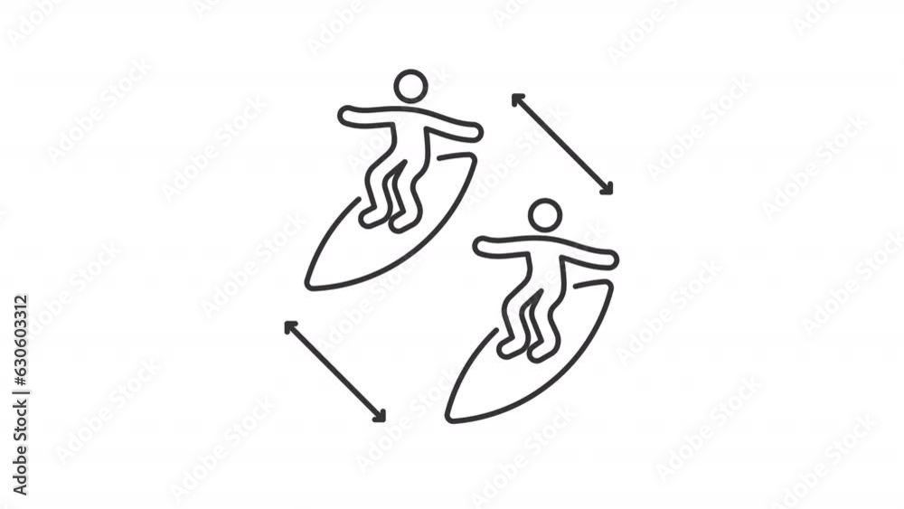 Keeping distance animated icon. Two surfers riding line animation. Surf ...