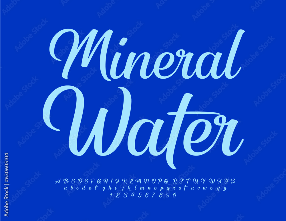Vector advertising label Mineral Water. Beautiful Blue Font. Elegant ...