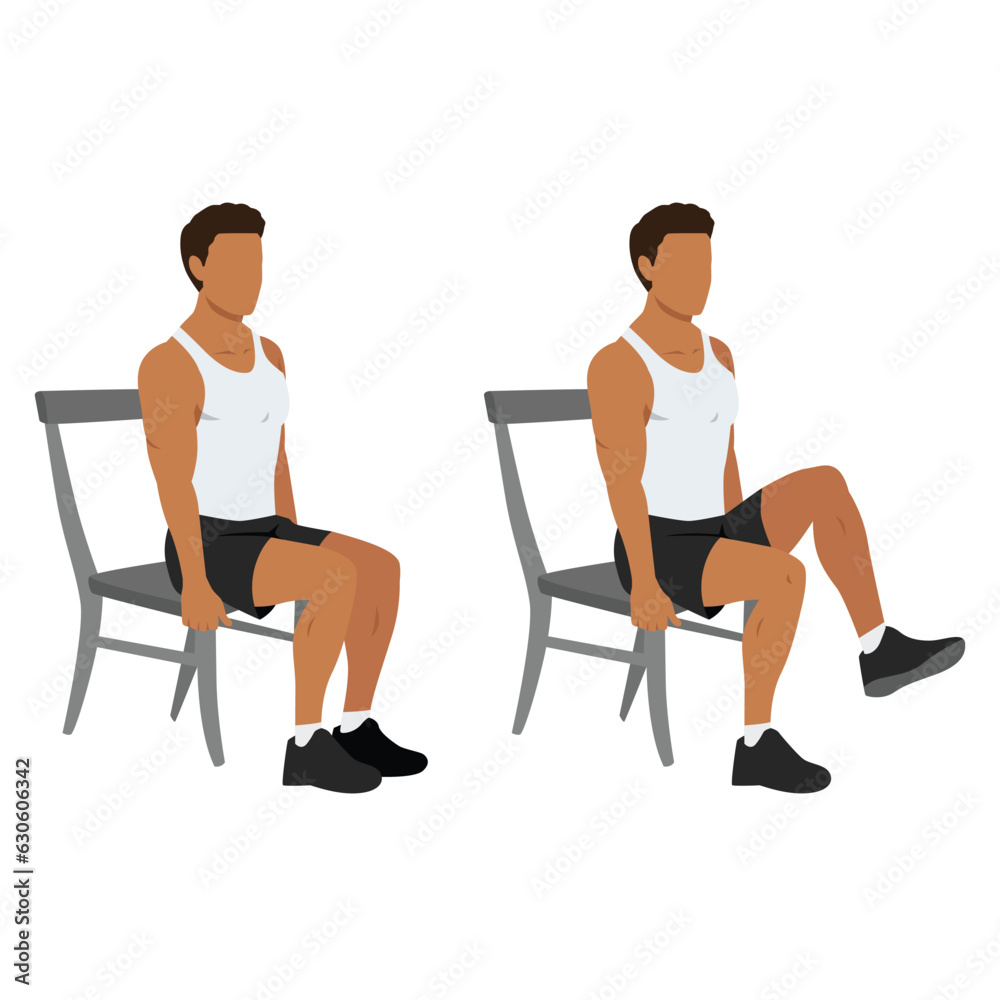Man doing seated knee lifts or seated knee elevations. Flat vector ...