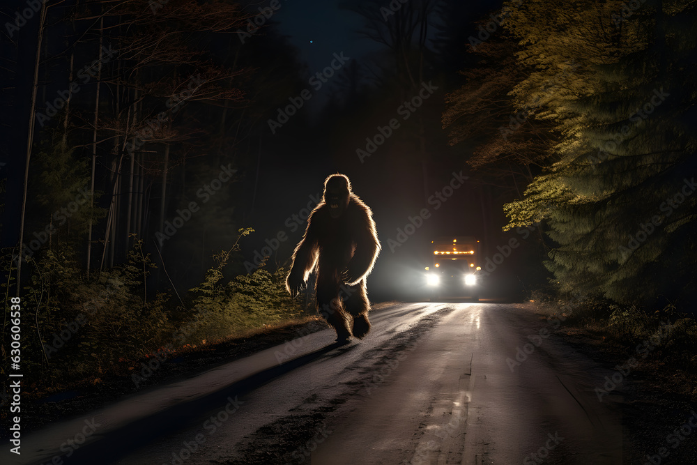 bigfoot running along interstate forest road at night in light of car ...