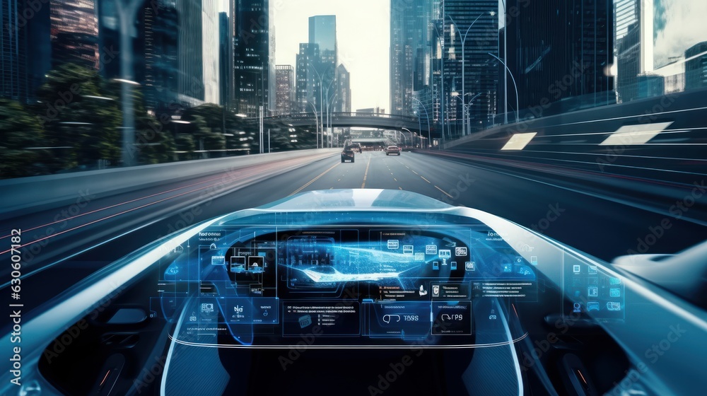 Autonomous Self Driving, Electric Car Driving on the Road Cityscape ...