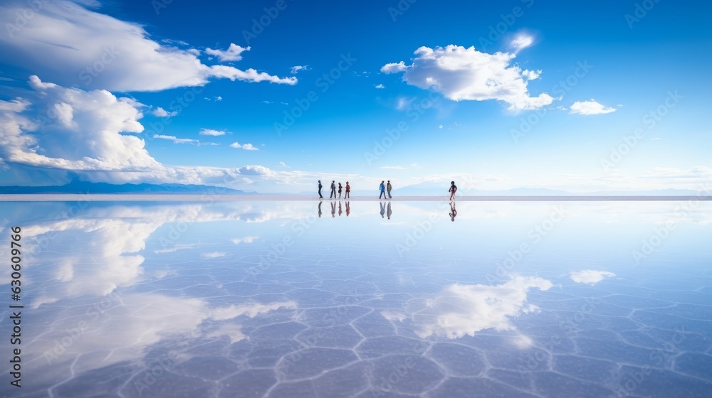 Poster Photo of people standing in the middle of Salar de Uyuni in ...