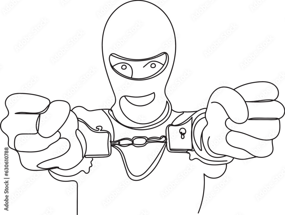 Arrested Criminal: Continuous Line Drawing of Balaclava-Wearing Robber ...