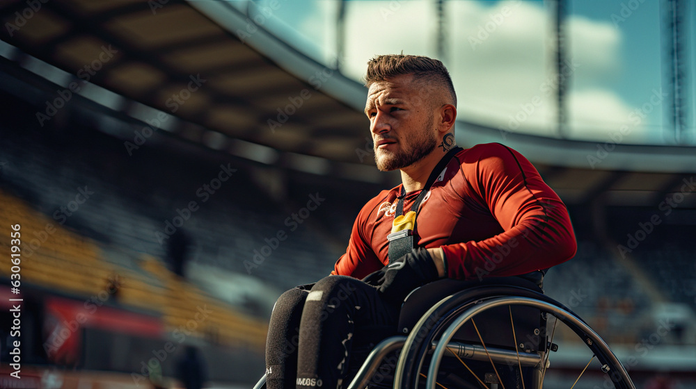 Handsome Disabled Rugby Player in a Wheelchair at the Stadium ภาพถ่าย ...