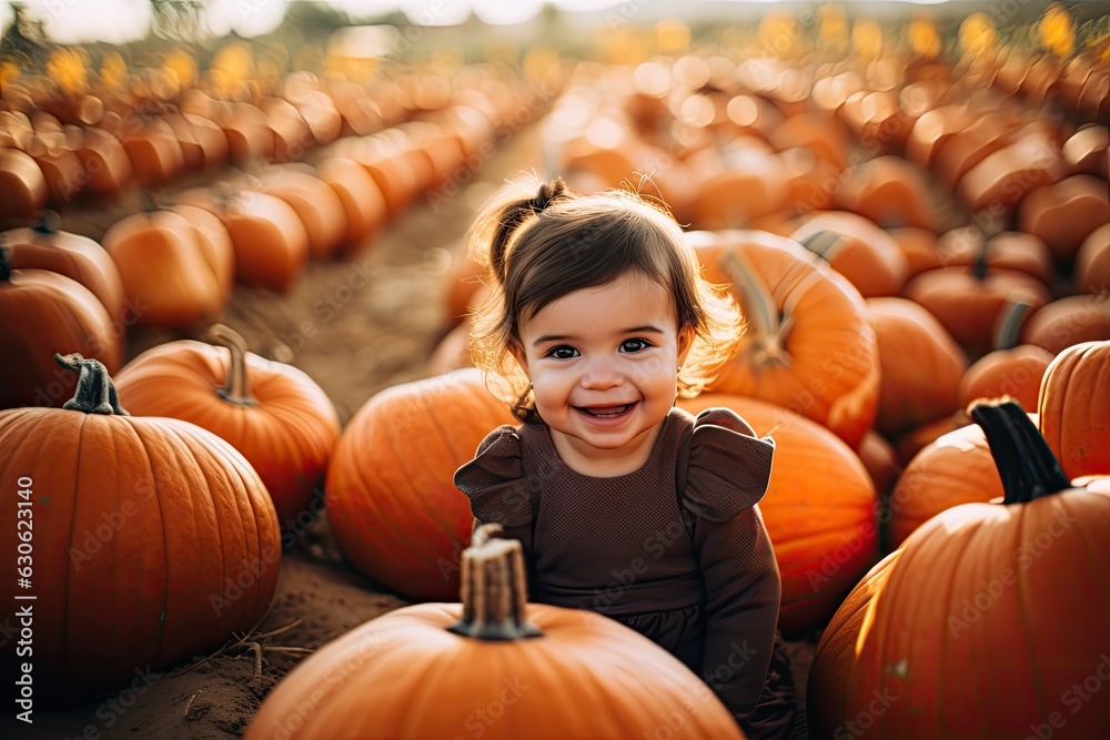 Cute and adorable baby's and kids sit-in in Pumpkin patch with rows of ...