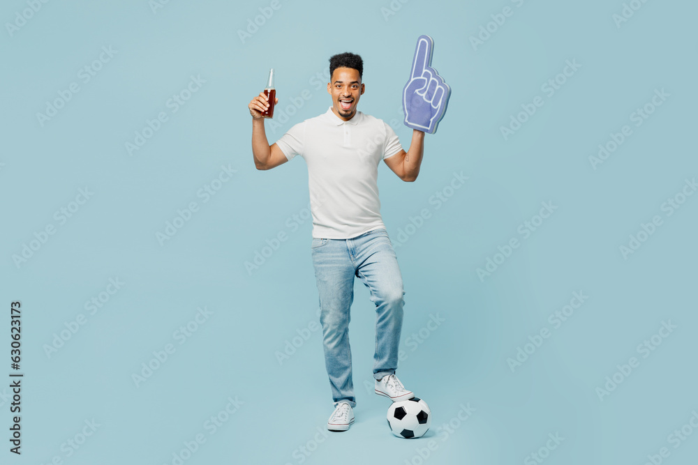 Full body young man fan wear t-shirt foam 1 fan glove finger up cheer ...