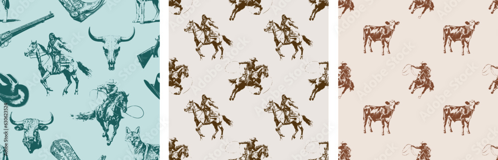 Cowboy Western Boho Wild West Vector Pattern Collection. Different ...