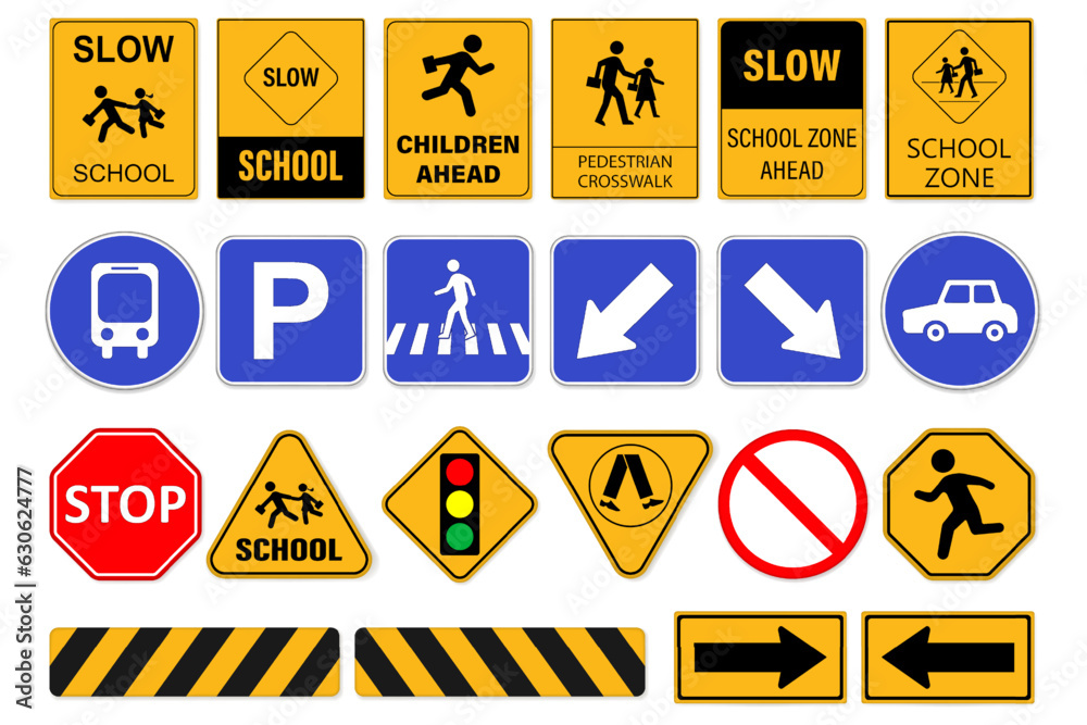 Set of school signs zone vector. Pedestrian. Road and Traffic signs for ...