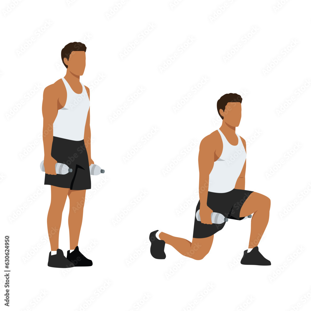 Man doing exercise in Reverse Lunge pose with a water bottle. Flat ...
