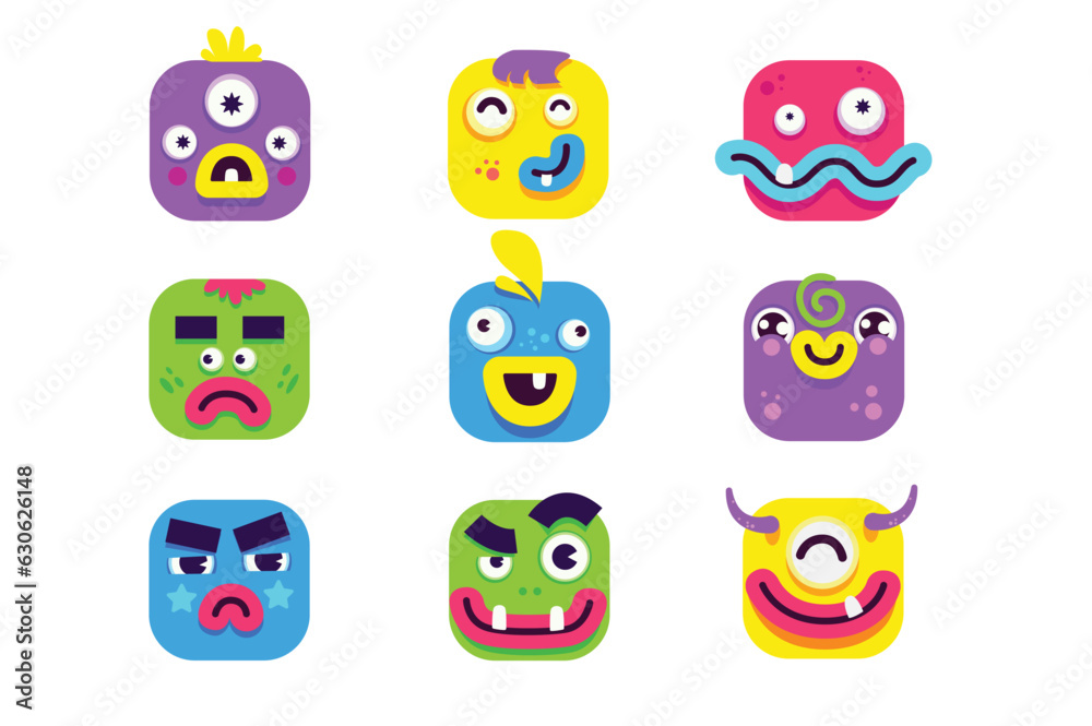 Square monsters icons in the flat cartoon style. Images of funny ...