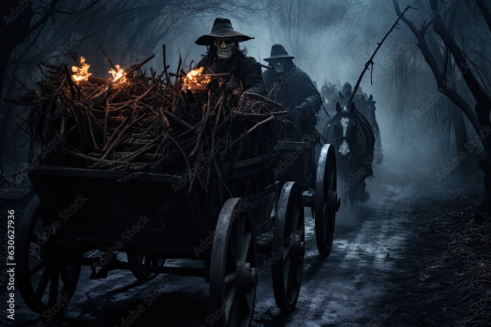 Haunted hayride through a dark and mysterious forest, featuring scary ...