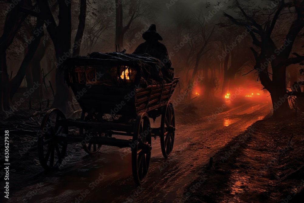 Haunted hayride through a dark and mysterious forest, featuring scary ...