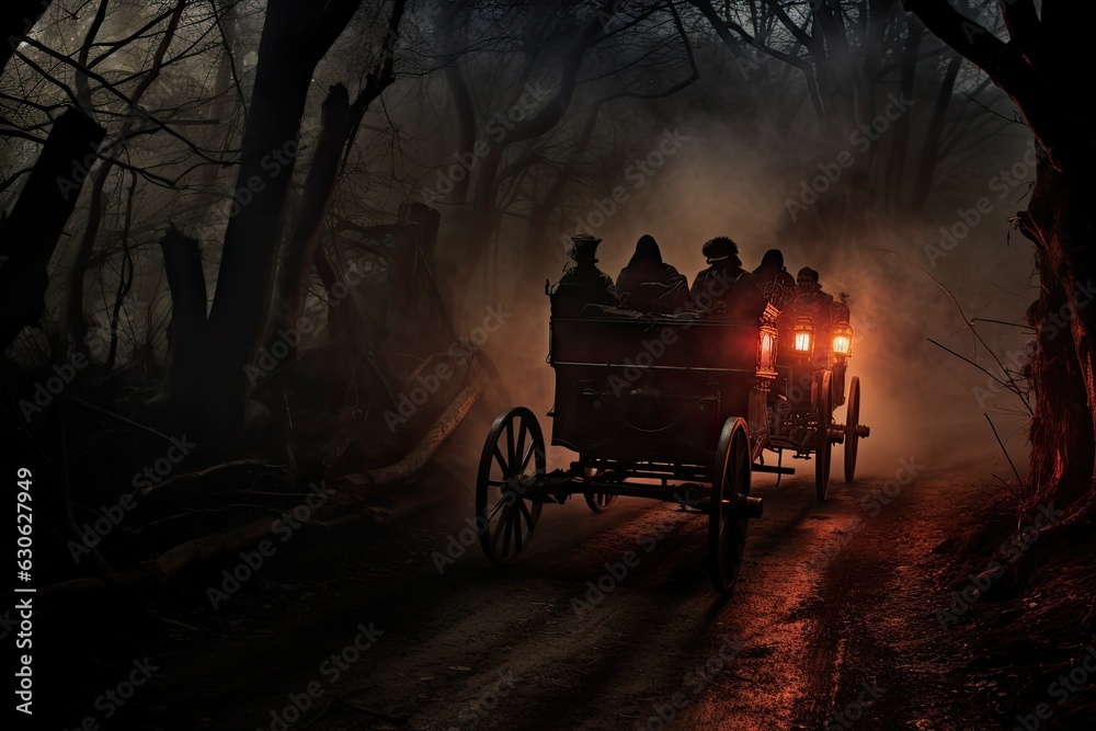 Haunted hayride through a dark and mysterious forest, featuring scary ...