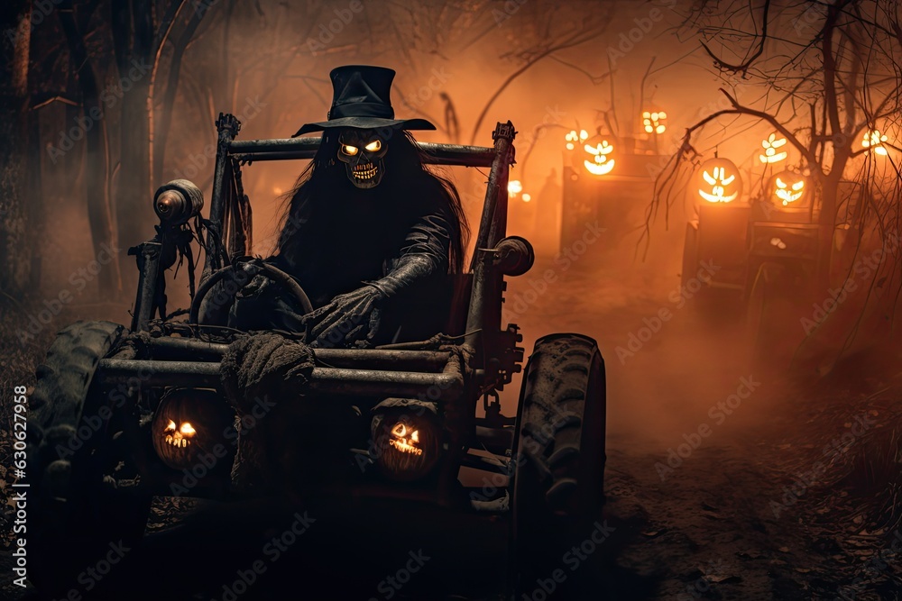 Haunted hayride through a dark and mysterious forest, featuring scary ...