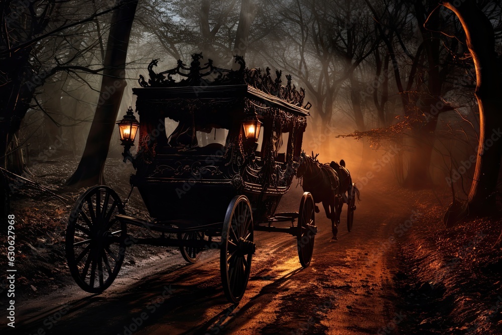 Haunted hayride through a dark and mysterious forest, featuring scary ...