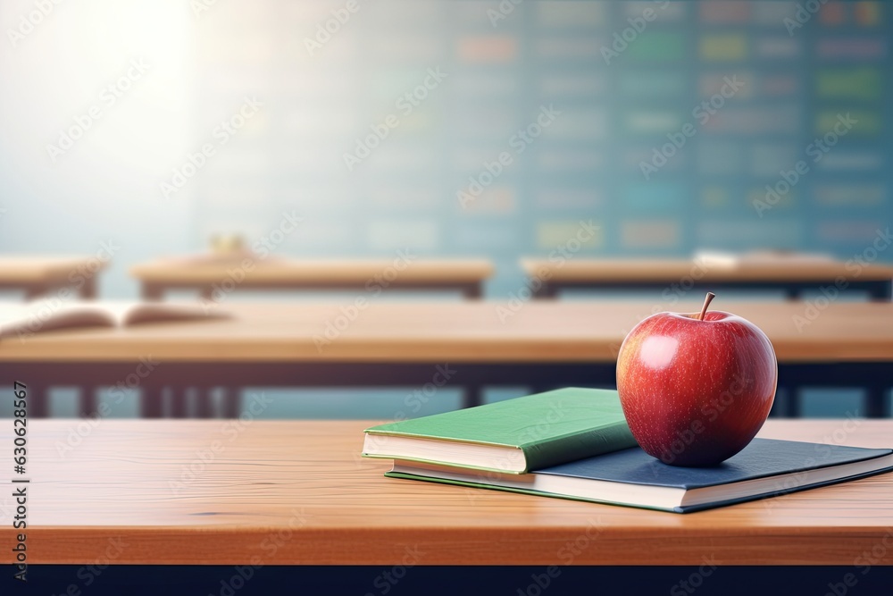 School teacher's desk with stack of books and apple. Education. Stock ...