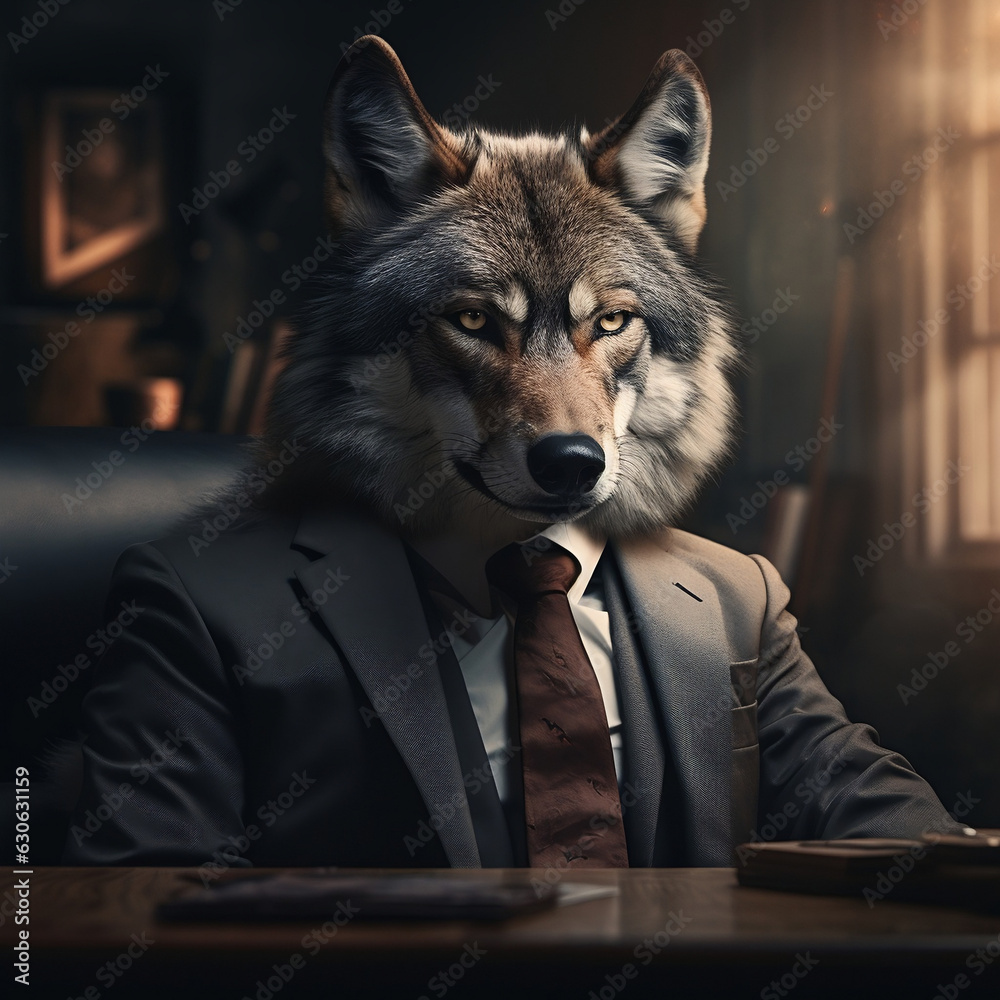 Corporate Canine: A Wolf in a Formal Business Suit at the Office Stock ...
