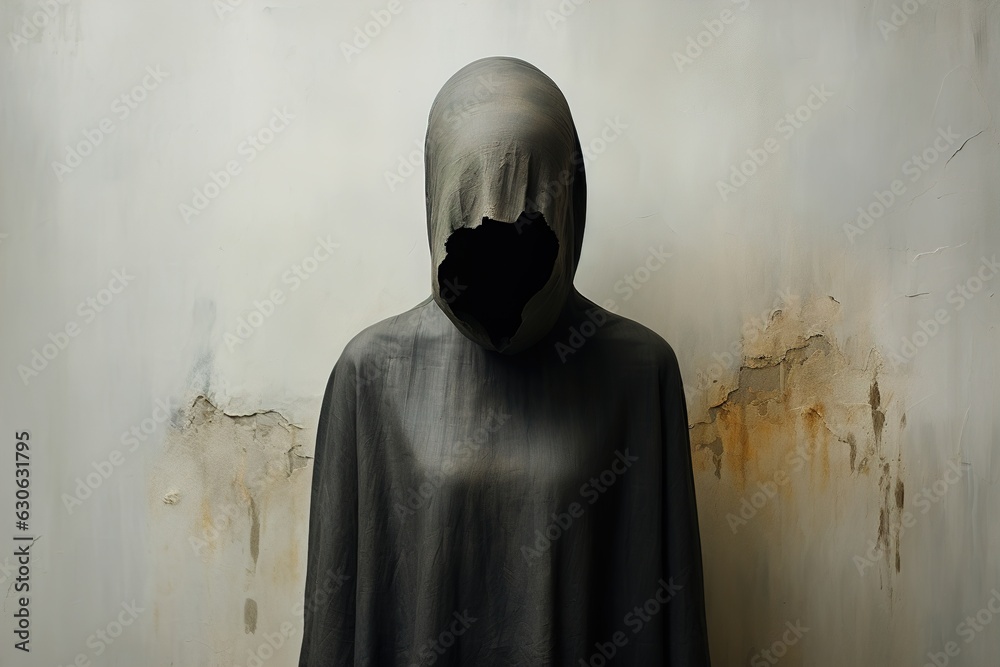 Faceless mysterious woman in black hooded robe against background of ...