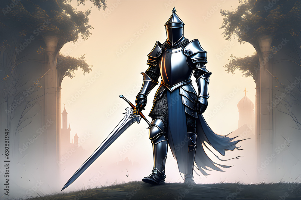 Medieval knight walking with sword. generative ai Stock Illustration ...