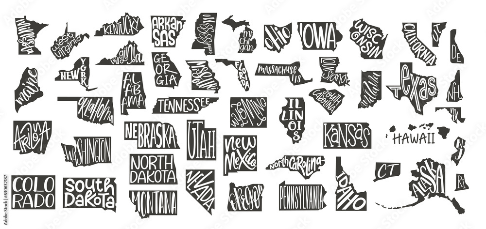 USA state set of text map for print design. Vector graphic design ...