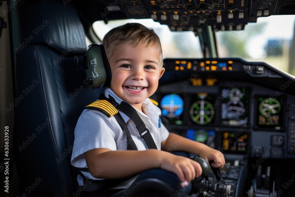 A happy and cheerful-looking boy dressed up as a pilot in the cockpit ...