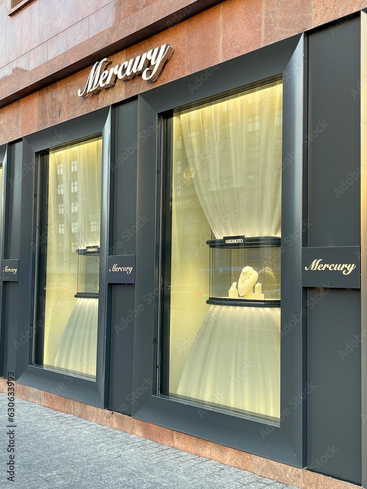 Mercury brand boutique. Showcase of shop on ground floor. Facade of ...