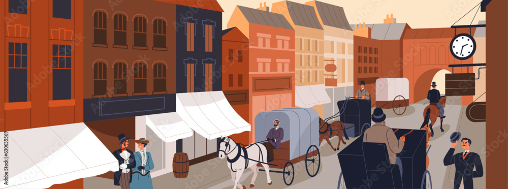 18th century city street. 19th town life with wealthy rich people ...