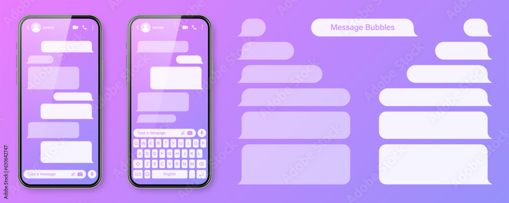 Realistic smartphone with messaging app on colorful violet background ...
