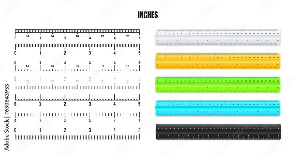 Realistic plastic rulers with black inch scale for measuring length or ...