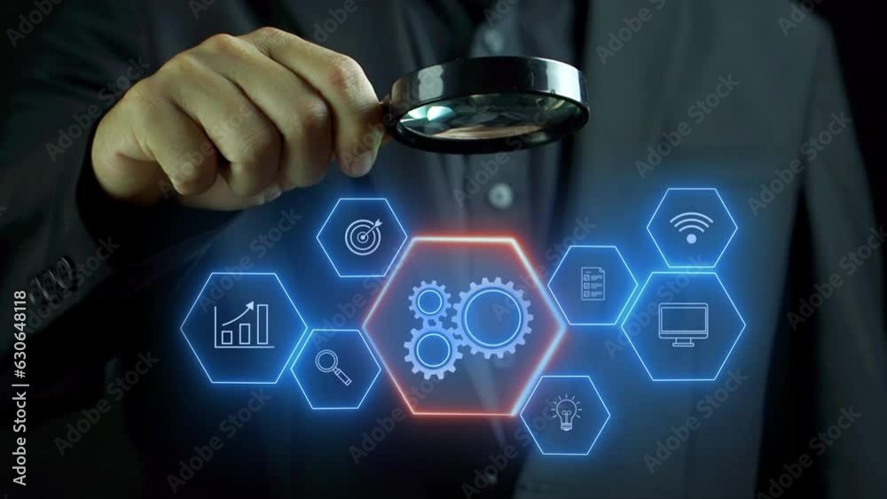 Magnifying glass focus on virtual of gear cog icon present operation ...