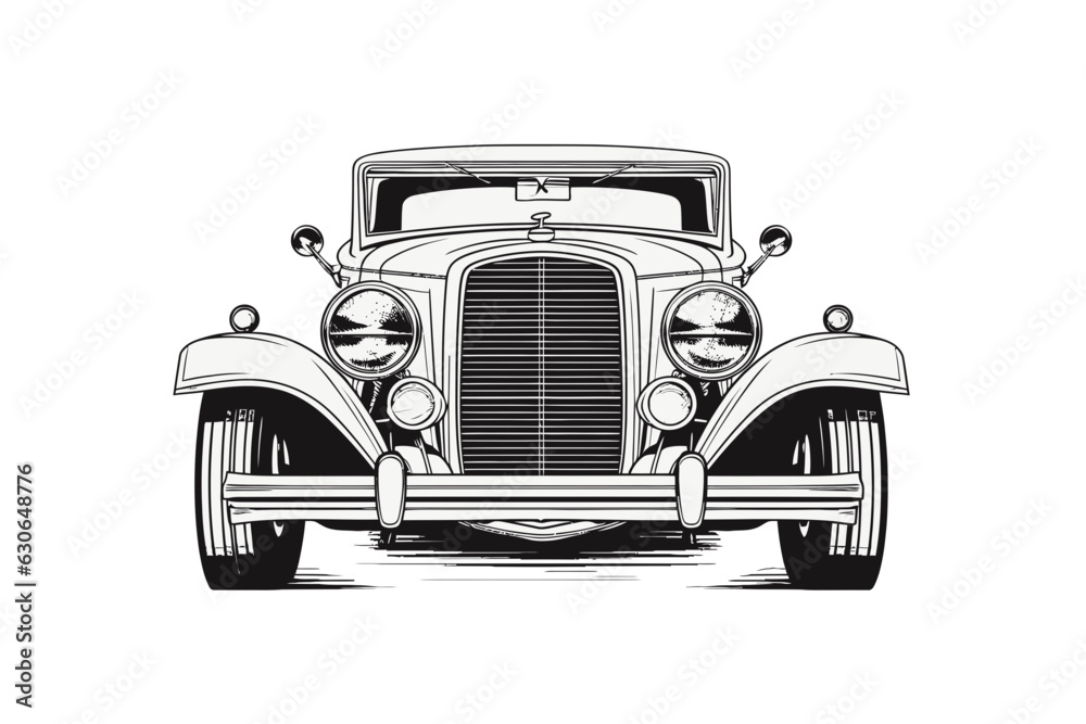 Classic car front view concept in vintage monochrome style isolated ...