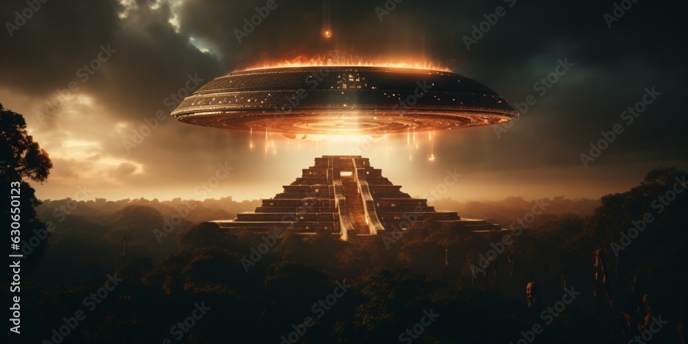 ufo landing on a mayan pyramid in the rainforest, fictional landscape ...