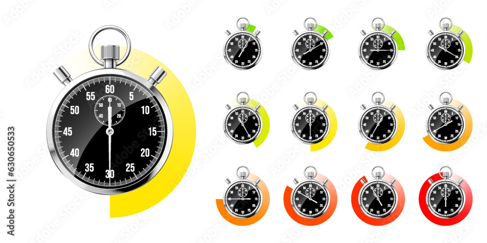 Realistic classic stopwatch. Shiny metal chronometer, black time ...